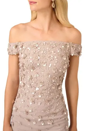 Adrianna Papell Off-the-shoulder Beaded Gown