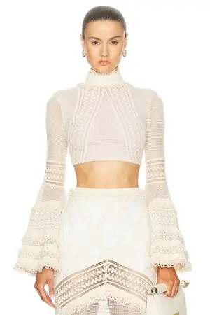 PatBO Woven Bell Sleeve Cropped Top