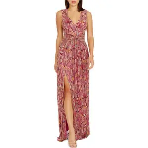 Dress The Population Leanna Print Metallic Gown - Bright Fuchsia Multi