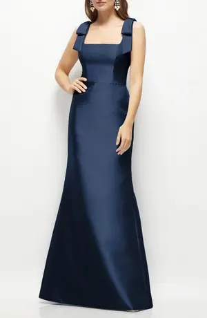 Alfred Sung Bow Strap Satin Twill Trumpet Gown - Midnight