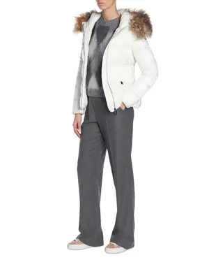Moncler Boed Belted Down Jacket With Shearling Hood Trim - Silk White