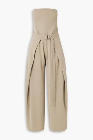 Ami Strapless Pleated Belted Twill Jumpsuit - Neutral