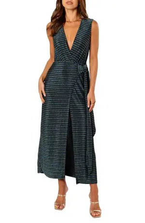 PETAL & PUP Tahlia Metallic Stripe Wrap Midi Dress - Blue Gold Stripe