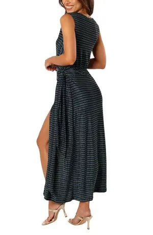 PETAL & PUP Tahlia Metallic Stripe Wrap Midi Dress