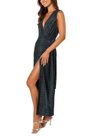 PETAL & PUP Tahlia Metallic Stripe Wrap Midi Dress