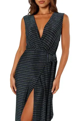 PETAL & PUP Tahlia Metallic Stripe Wrap Midi Dress