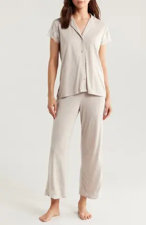 Natori Shangri-lace Short Sleeve Shirt & Pants Pajama 2-piece Set Ht. Cashmere