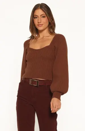 PETAL & PUP Gia Sweetheart Neck Ribbed Sweater - Chocolate