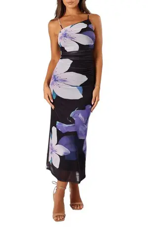PETAL & PUP Jasmine Asymmetric Neck Maxi Dress - Black Floral