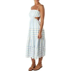 PETAL & PUP Evelin Stripe Cutout Midi Dress - Blue Stripe