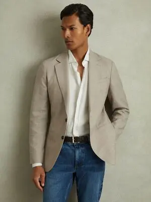 REISS Elliot Checked Single Breasted Blazer In Wool-linen - Oatmeal
