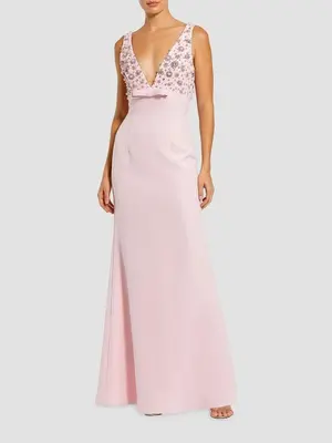 Mac Duggal Crêpe Floral Beaded Bow A-line Gown - Blush