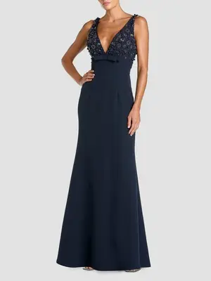 Mac Duggal Crêpe Floral Beaded Bow A-line Gown - Midnight