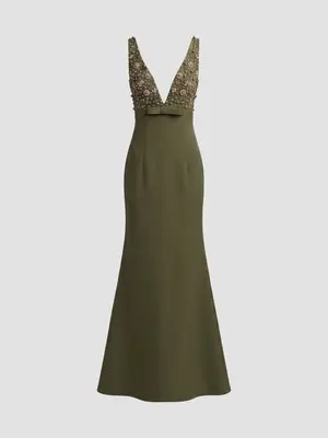 Mac Duggal Crêpe Floral Beaded Bow A-line Gown - Olive