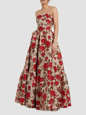 Mac Duggal Peony Brocade Strapless Ballgown - White Multi