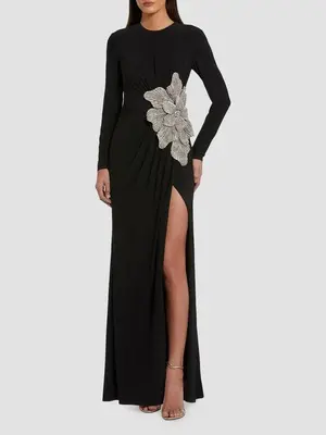 Mac Duggal Jersey Beaded Floral Long-sleeve Gown