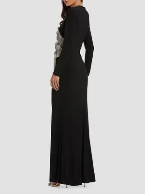Mac Duggal Jersey Beaded Floral Long-sleeve Gown