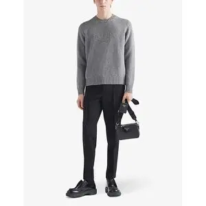 Prada Brand-embroidered Crewneck Wool And Cashmere-blend Jumper - Grey