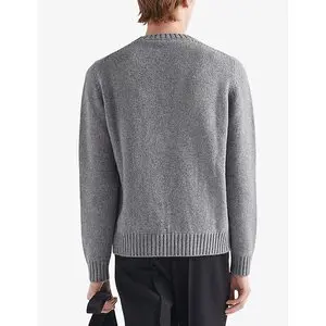 Prada Brand-embroidered Crewneck Wool And Cashmere-blend Jumper - Grey