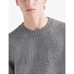 Prada Brand-embroidered Crewneck Wool And Cashmere-blend Jumper - Grey