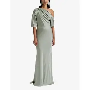 MALINA Marisa Asymmetric-neck Draped Satin Maxi Dress - Sage