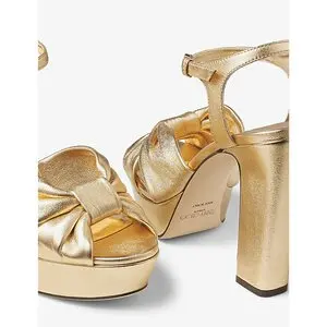 JIMMY CHOO Heloise 120 Bow-embellished Leather Platform-heeled Sandals - Gold