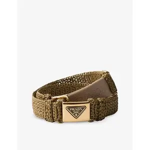 Prada Prada Triangle-Buckle Raffia-Effect Woven Belt Green