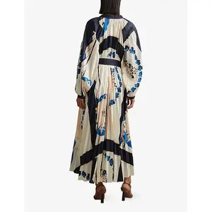 daiya printed pleated maxi dress Reiss Daiya Graphic-Print Pleated Woven Maxi Dress In Blue - 50% Off