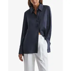 REISS Hailey Point-collar Silk Shirt - Navy