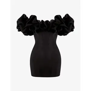 House Of Cb Off-shoulder Stretch-satin Mini Dress