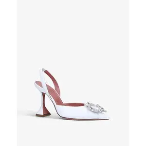 Amina Muaddi Begum Crystal-embellished Slingback Satin Heels - White