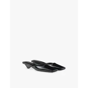 Prada Square-Toe Brand-Print Patent-Leather Heeled Mules - Black