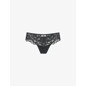 Panache Allure Floral-embroidered Stretch-woven Thong - Black/latte