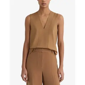 REISS Mira V-neck Sleeveless Woven Top - Camel