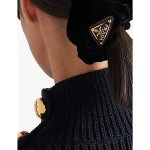 Prada Velvet Scrunchie With Logo Plaque - Black