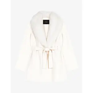 Maje Wool-blend Coat With Faux Fur Collar - Blanc