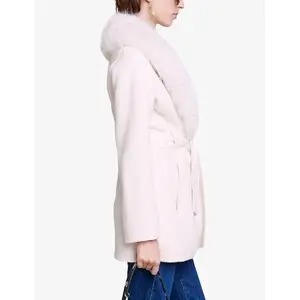 Maje Belted Wool-blend Coat With Faux Fur Collar