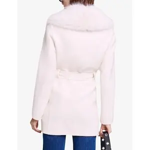 Maje Belted Wool-blend Coat With Faux Fur Collar