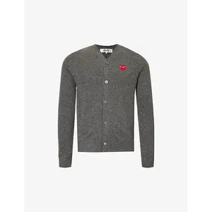 Play Comme Des Garcon Logo-embroidered V-neck Wool Cardigan - Med Gray
