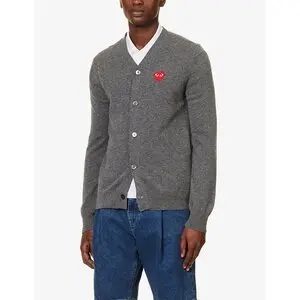 Play Comme Des Garcon Logo-embroidered V-neck Wool Cardigan - Med Gray