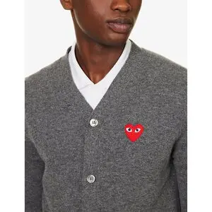 Play Comme Des Garcon Logo-embroidered V-neck Wool Cardigan - Med Gray