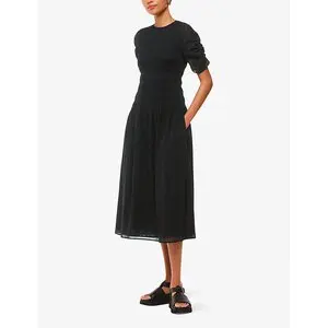 Whistles Avery Ruched-sleeve Smocked Cotton Midi Dress - Black