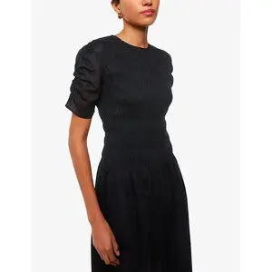 Whistles Avery Ruched-sleeve Smocked Cotton Midi Dress - Black