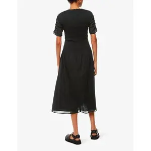 Whistles Avery Ruched-sleeve Smocked Cotton Midi Dress - Black