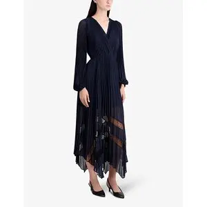 The Kooples V-neck Pleated Midi Dress - Navy