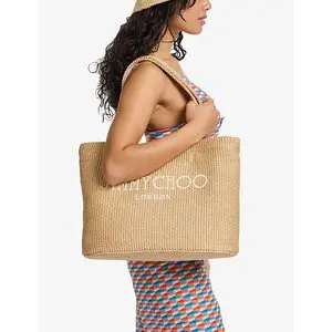 JIMMY CHOO Beach Logo-embroidered Raffia Tote Bag - Natural/latte