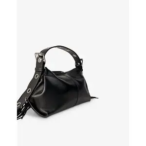 Maje Logo-embossed Leather Shoulder Bag With Fringed Trim - Noir / Gris