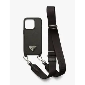 Prada Logo-plaque Leather Iphone 15 Case - Black