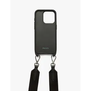 Prada Logo-plaque Leather Iphone 15 Case - Black