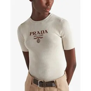 Prada Branded Knitted Silk Top - Neutral